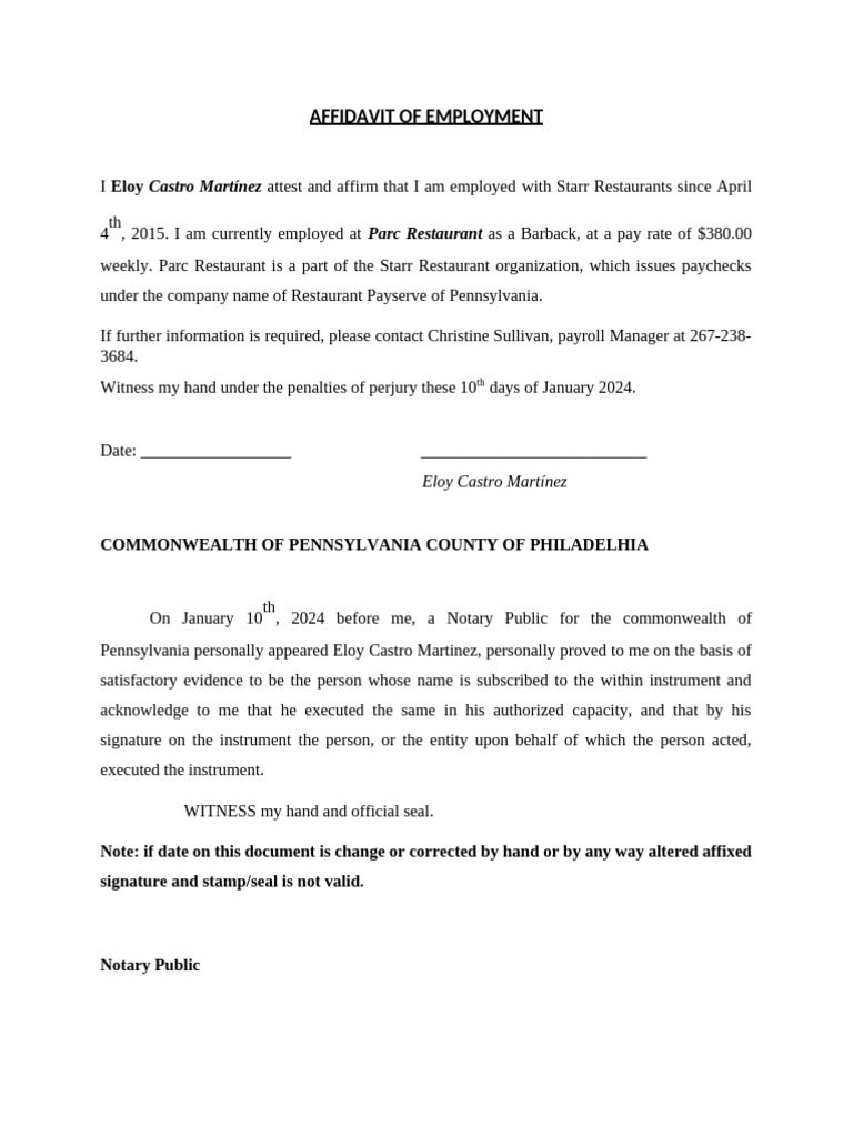 Employment Affidavit for Eloy Castro | PDF