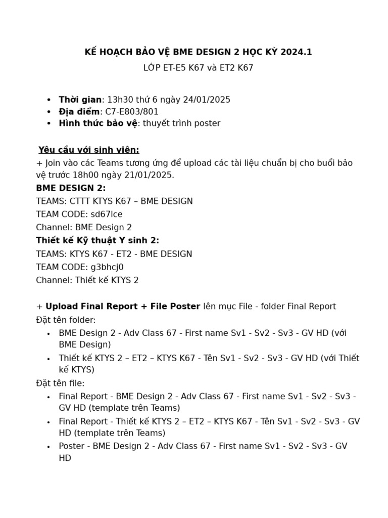 Bảo vệ BME DESIGN 2 - 2024.1 - AdvBme67 - ET2 K67 | PDF