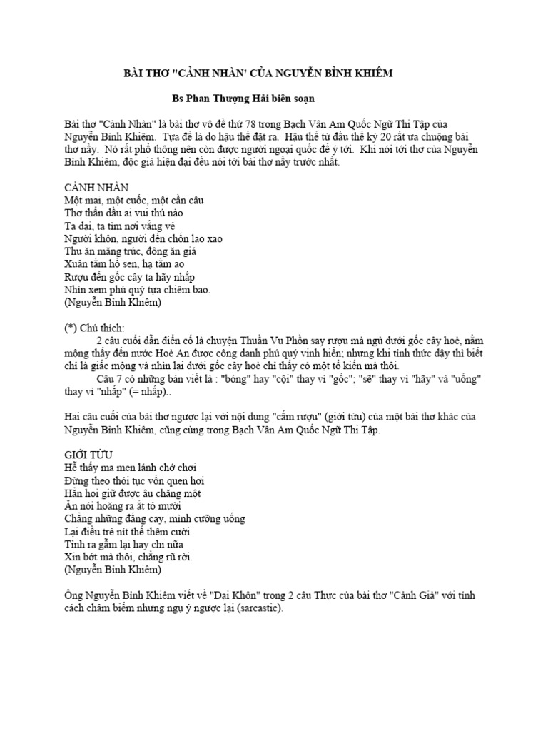 Bài TH "C NH Nhàn' C A Nguy NB NH Khiêm Bs Phan TH NGH I Biên So N | PDF