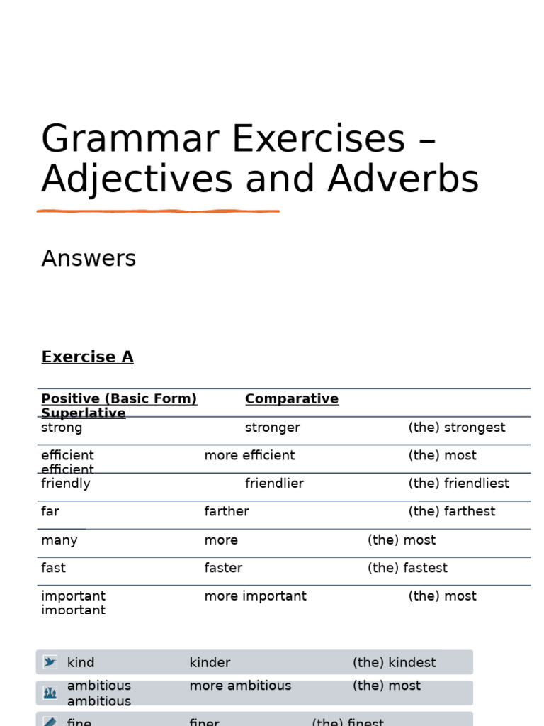 Grammar Exercises - Adjectives and Adverbs - Answers | PDF | Adverb ...