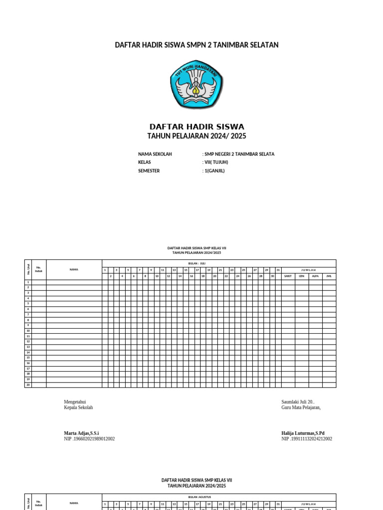 Daftar-Hadir-Siswa-Kelas Vii | PDF