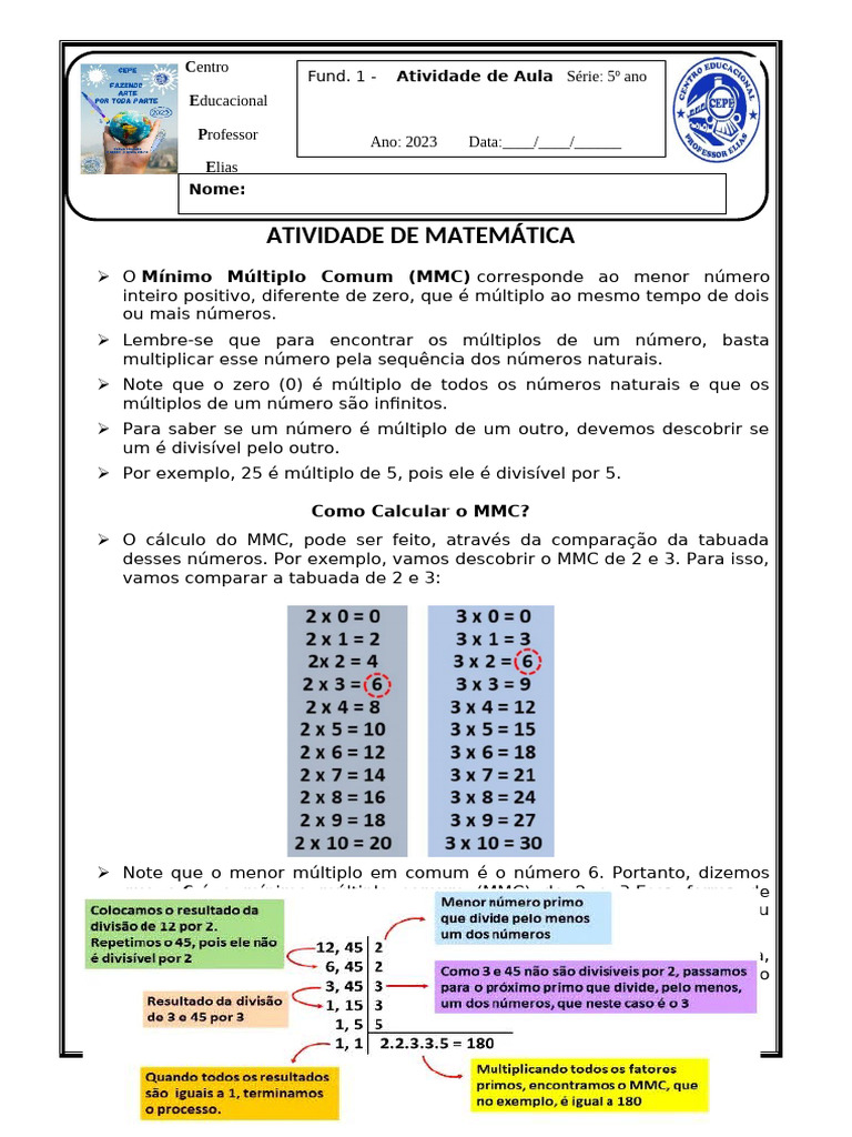 Atividades de MMC e MDC para 5º Ano | PDF | Aritmética | Matemática