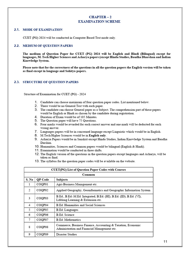CUET PG 2024 Examination Scheme Guide | PDF | Biotechnology | Languages ...