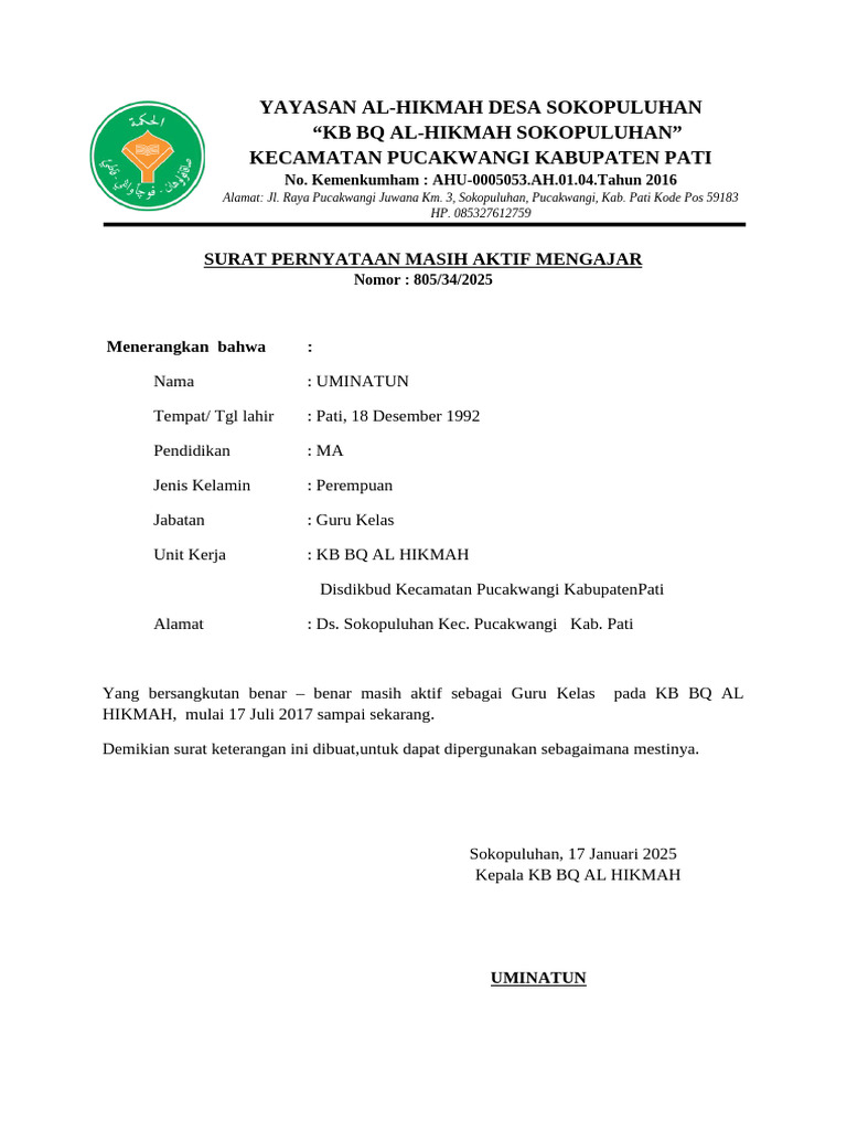 Surat Aktif Mengajar KB BQ Al-Hikmah | PDF
