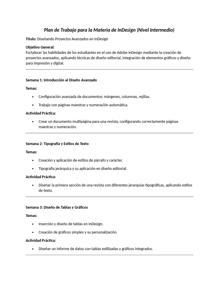 Plan de Trabajo para La Materia de InDesign | PDF | Adobe InDesign | Diseño
