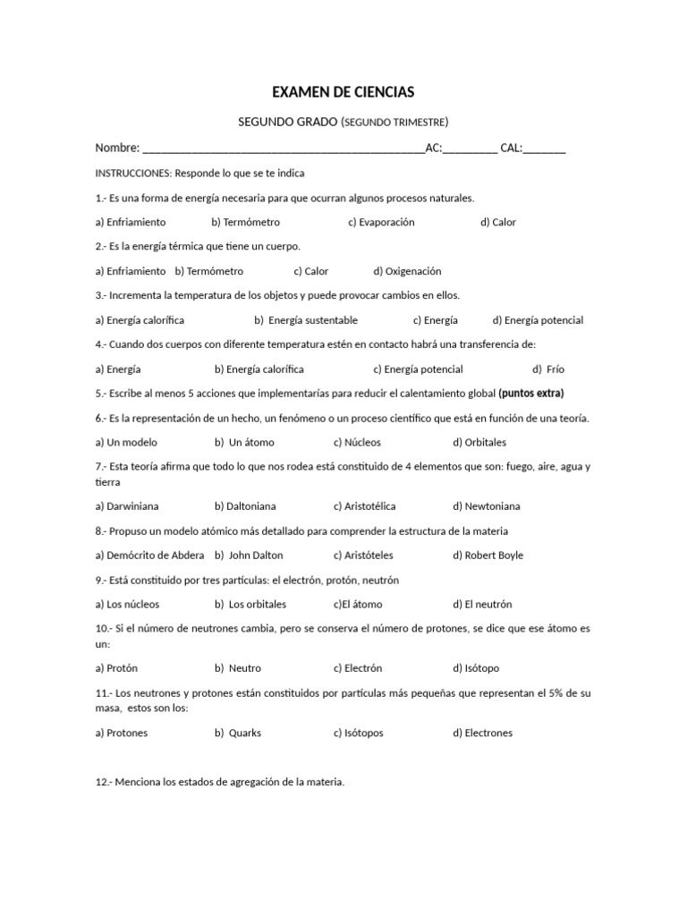 Examen de Ciencias Segundo Grado | PDF | Calor | Electrón