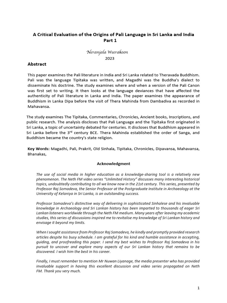 Origins of Pali Language in Sri Lanka | PDF | Pali | Indian Philosophy
