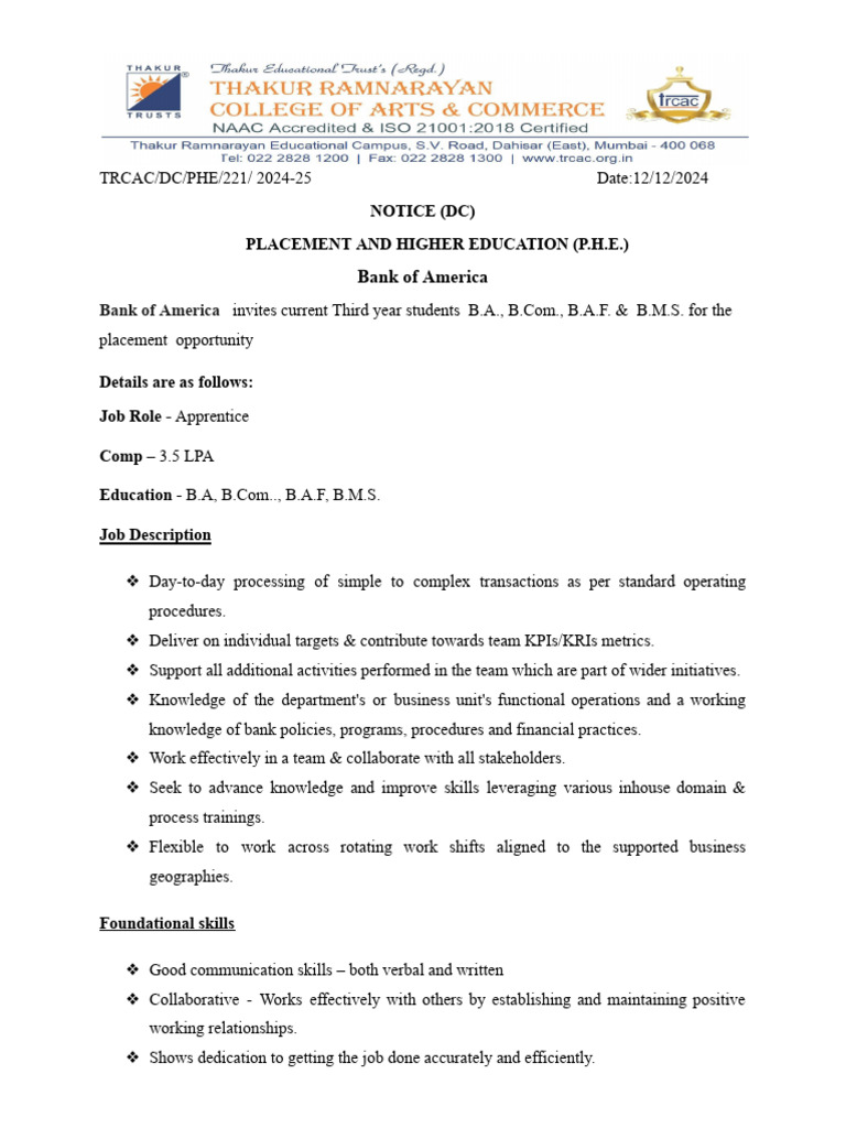 Trcac DC Phe 221 2024-25 Bank of America | PDF | Business