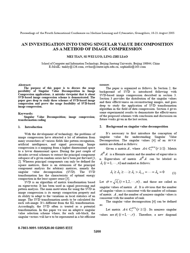 An Investigation Into Using Singular Value Decomposition Pdf