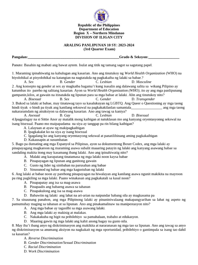 AP Grade 10 Questions | PDF