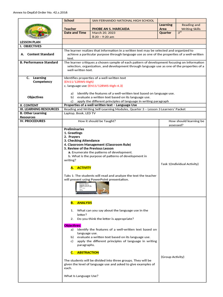 LP Reading and Writing - Language Use | PDF | Word | Learning