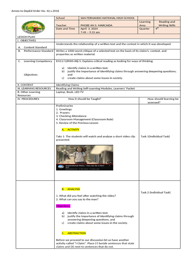 LP Reading and Writing (Identifying Claims) | PDF | Argument | Lesson Plan