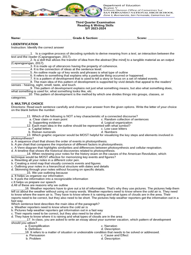 Third Quarter Exam: Reading & Writing Skills | PDF | Information | Essays