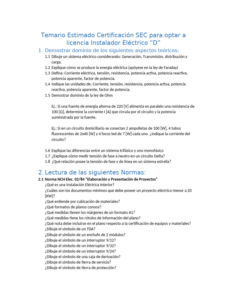 365580168 Temario Estimado Certificacion SEC Para Optar a Licencia ...