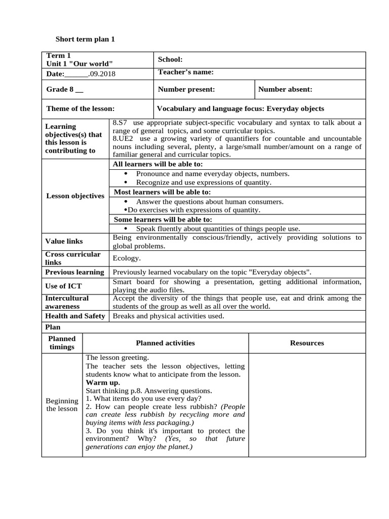 English Plus KZ Grade 8 Lesson Plans | PDF | Learning | Educational ...