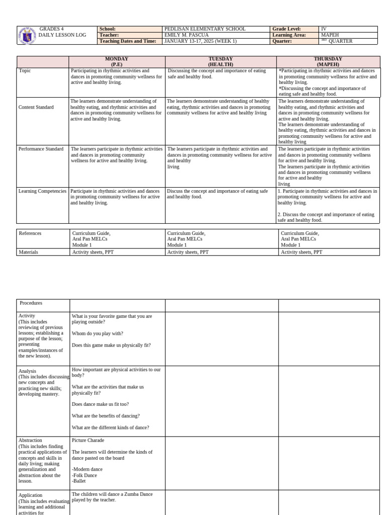 Mapeh DLL Week 2 Pe & Health | PDF | Curriculum | Human Communication