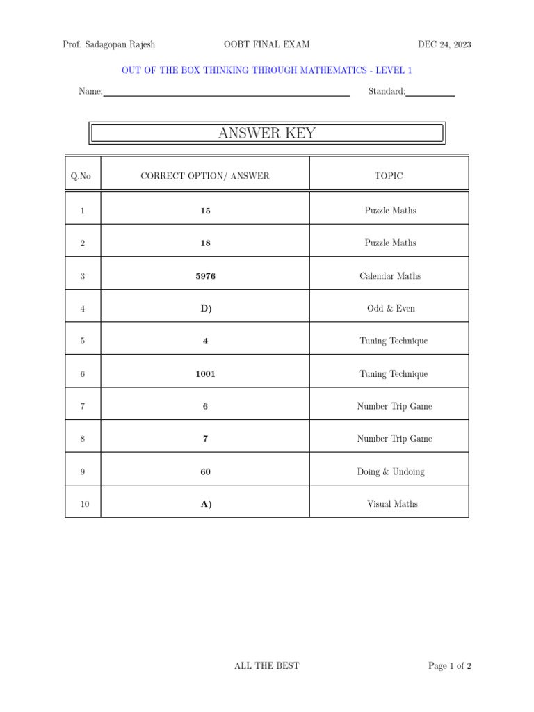 Answer Key: Out of The Box Thinking Through Mathematics - Level 1 | PDF