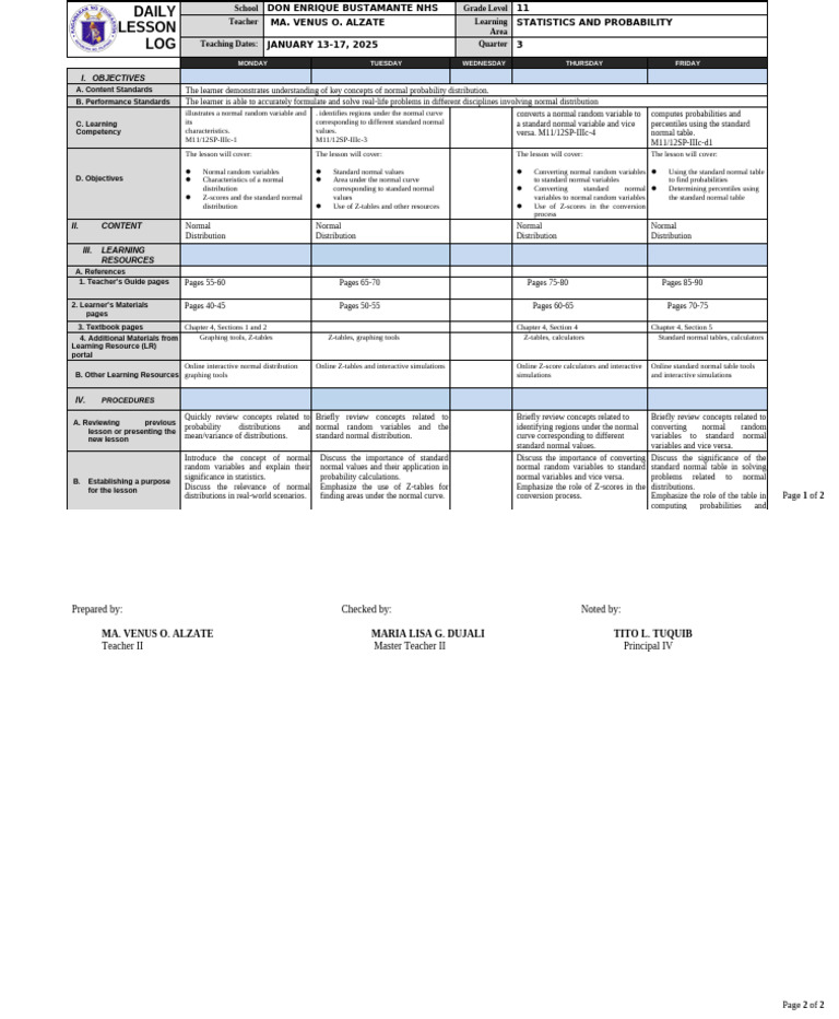 DLL-Grade-11_Q3_WEEK4 | PDF | Normal Distribution | Standard Score