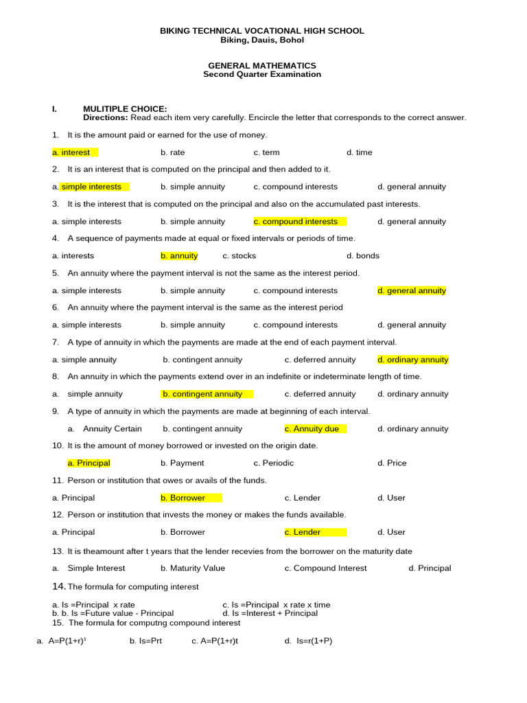 Grade 11 General Math Exam Q2 | PDF | Interest | Bonds (Finance)