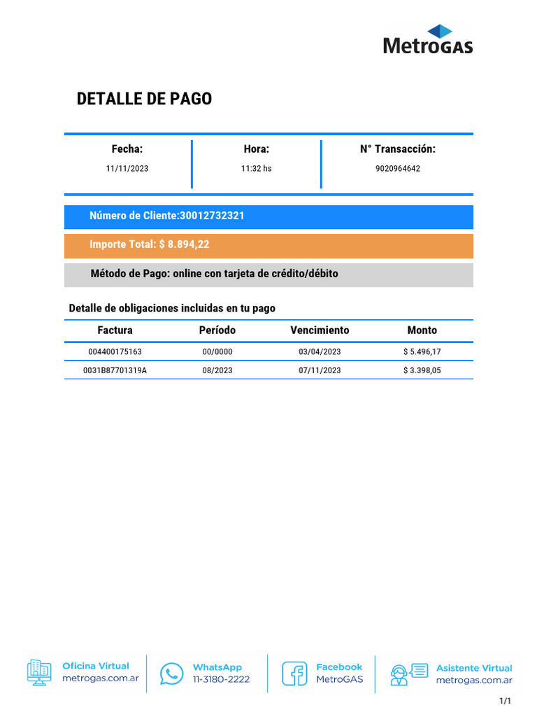 MetroGAS - Detalle de Pago 9020964642 | PDF
