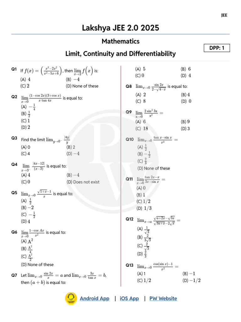 Limit, Continuity and Differentiability DPP 01 Lak 240908 000617 | PDF