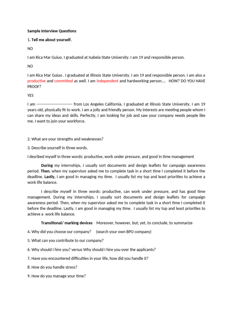 Call Center Sample Interview Questions | PDF