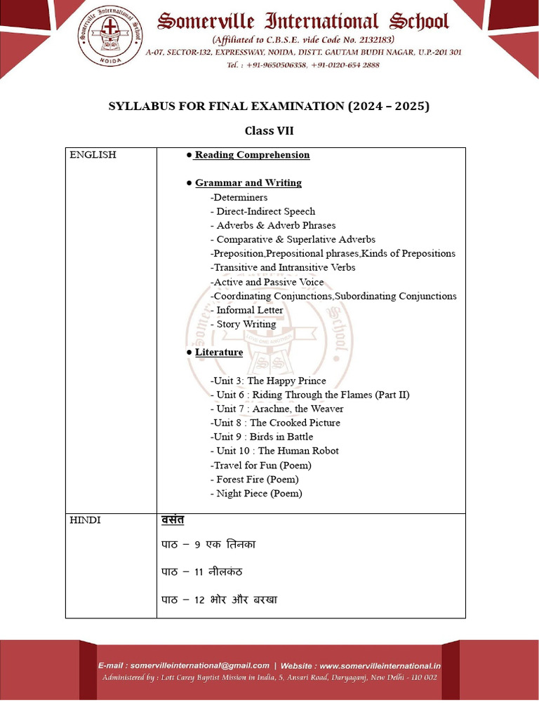 Class 7 Final Exam Syllabus | PDF
