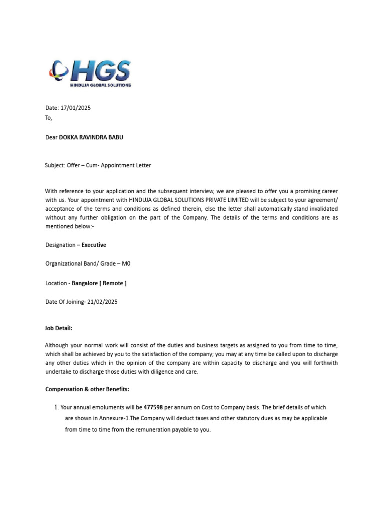 Dokka Ravindra Joining Order | PDF | Employment | Background Check