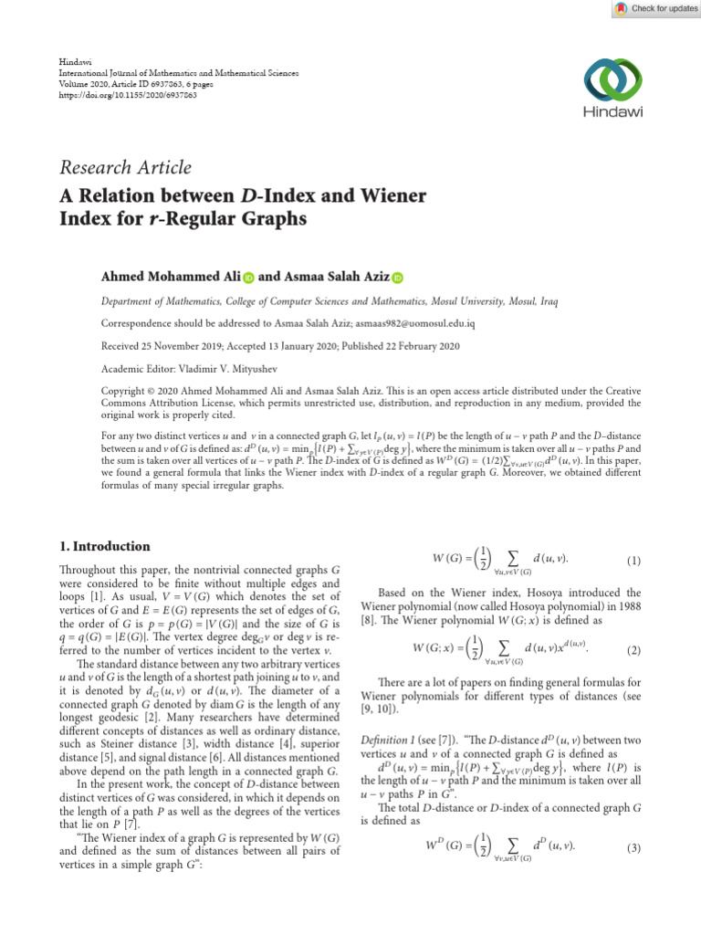 D-Index and Wiener Index | PDF | Vertex (Graph Theory) | Discrete Mathematics