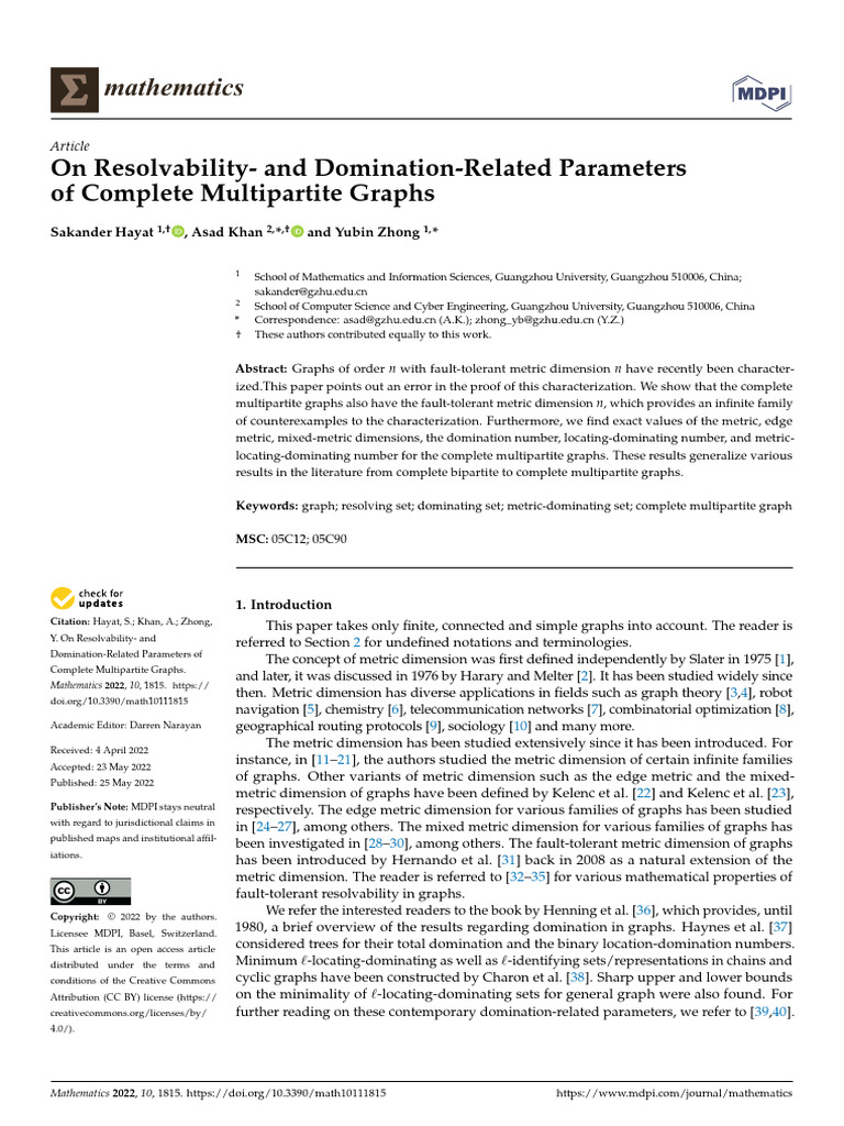 On Resolvability- And Domination-Related Parameters of Complete Multipartite Graphs | PDF ...