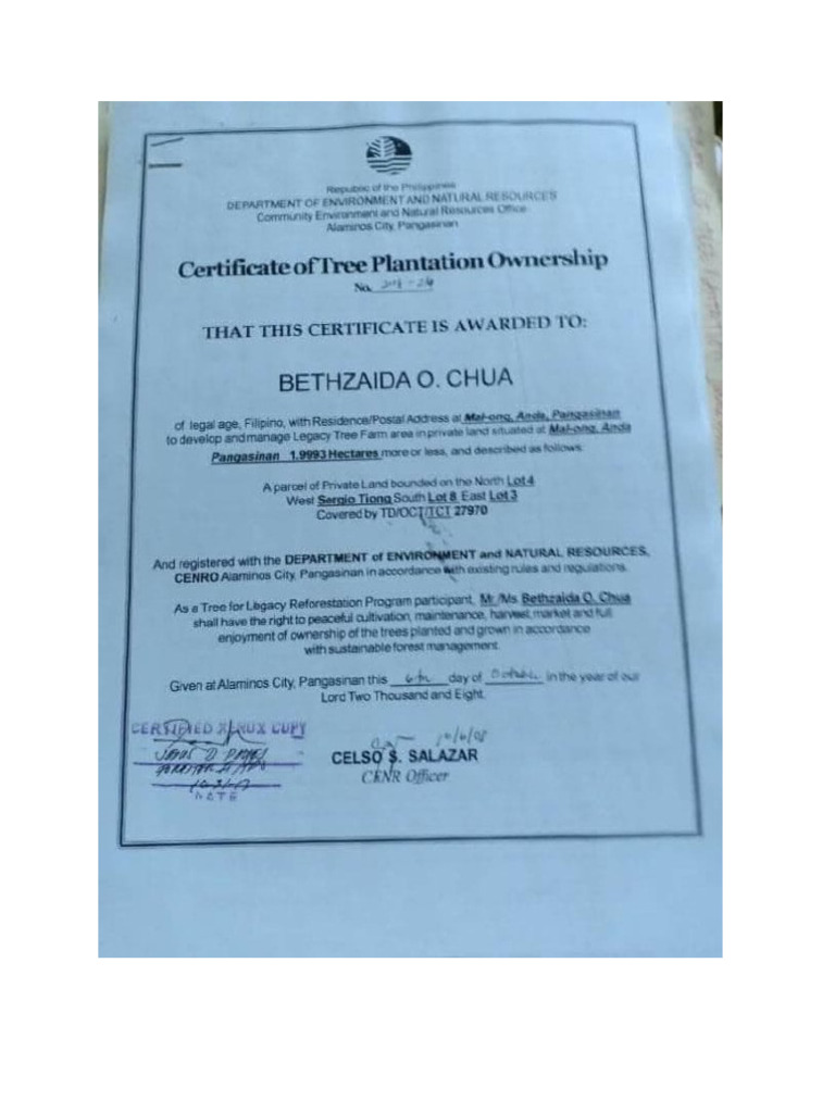 BC TRee Planting Certificate Tct 27970 | PDF