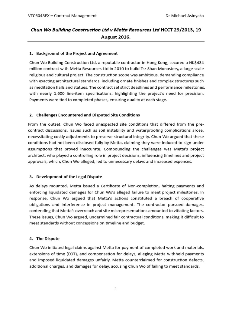 Chun Wo Building Construction LTD V Metta Resources LTD | PDF | Contractual Term | Liquidated ...