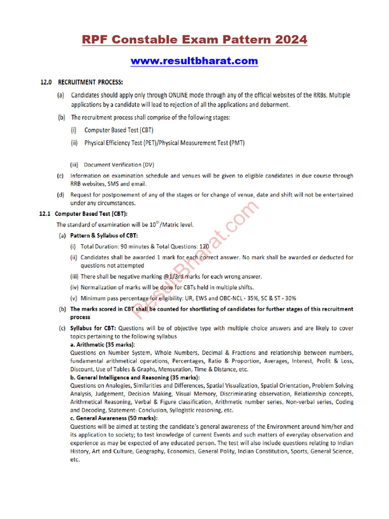 RPF Constable Exam Pattern 2024 | PDF