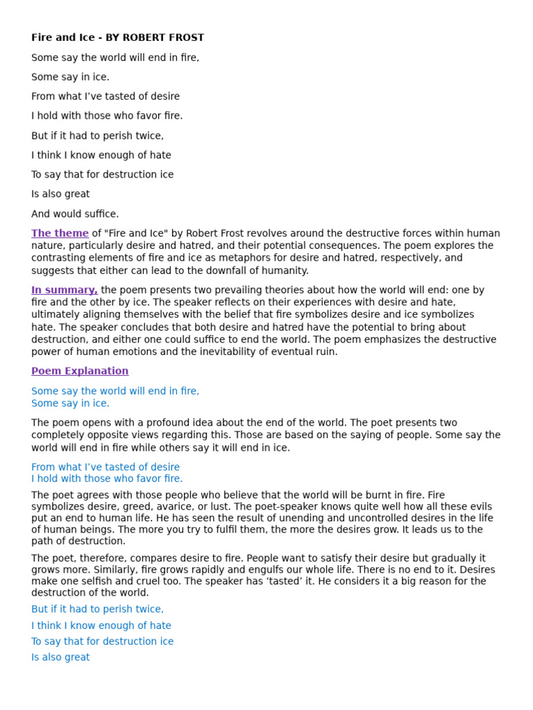 Eng-Fire and Ice (Robert Frost) | PDF | Hatred | Greed