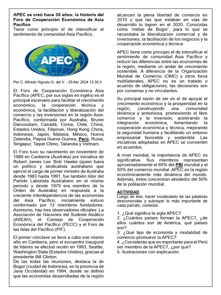 Lectura - La Historia de La Apec | PDF | Cooperacion economica Asia Pacifico | Asia