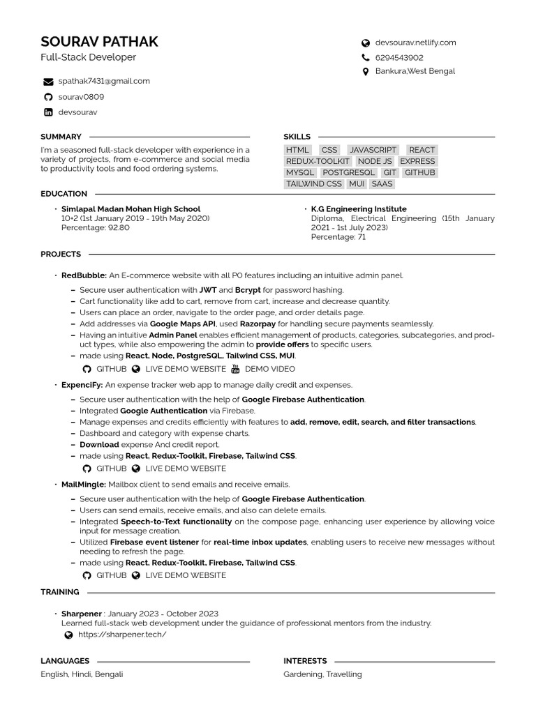 Resume (Full Stack Developer) | PDF | Websites | Postgre Sql