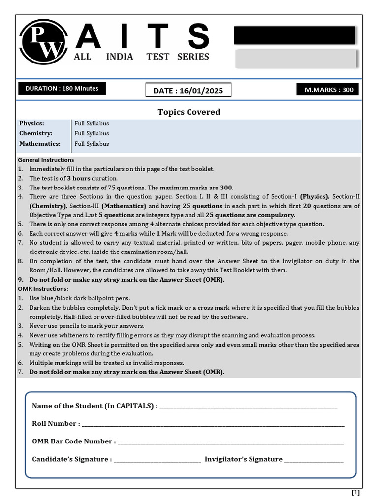 AITS Full Syllabus Practice Test Test Papers PCM Prayas JEE 2 0 | PDF ...