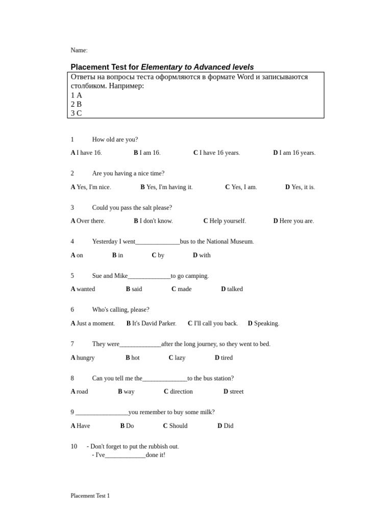 English Placement Test Questions | PDF