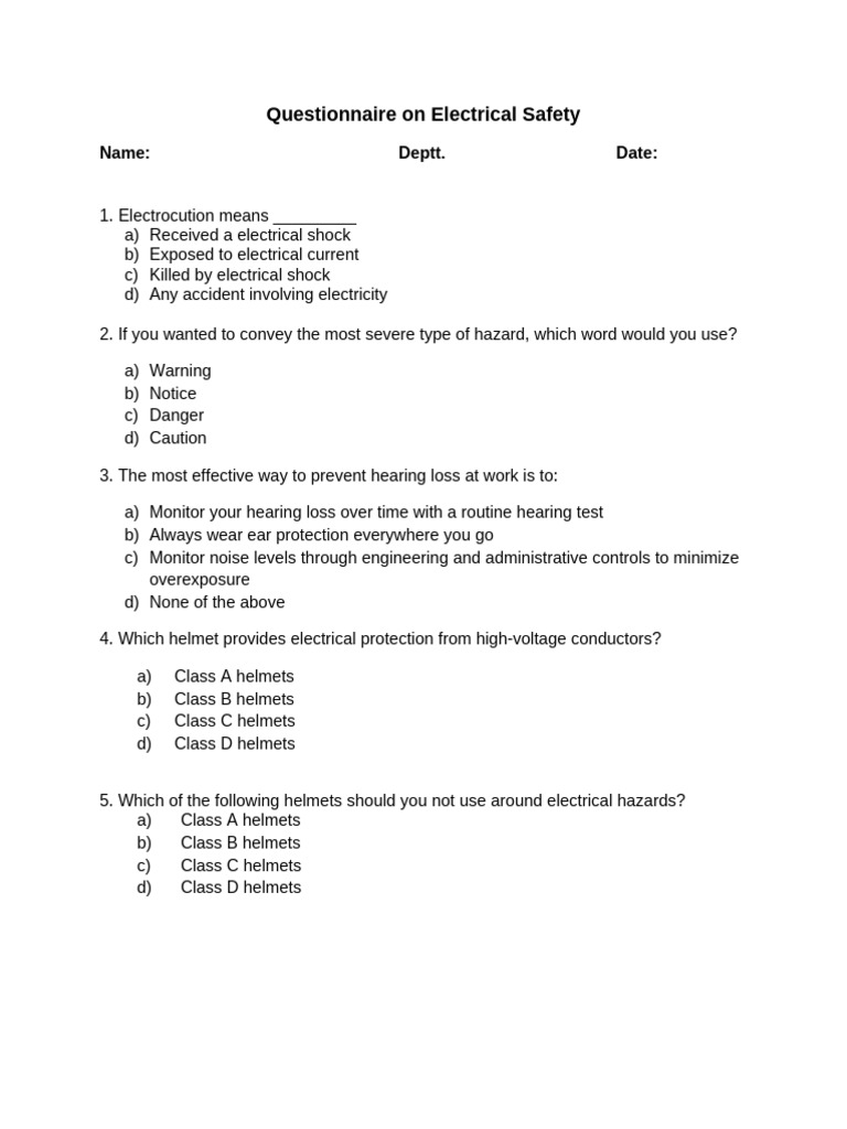 Questionnaire On Electrical Safety | PDF