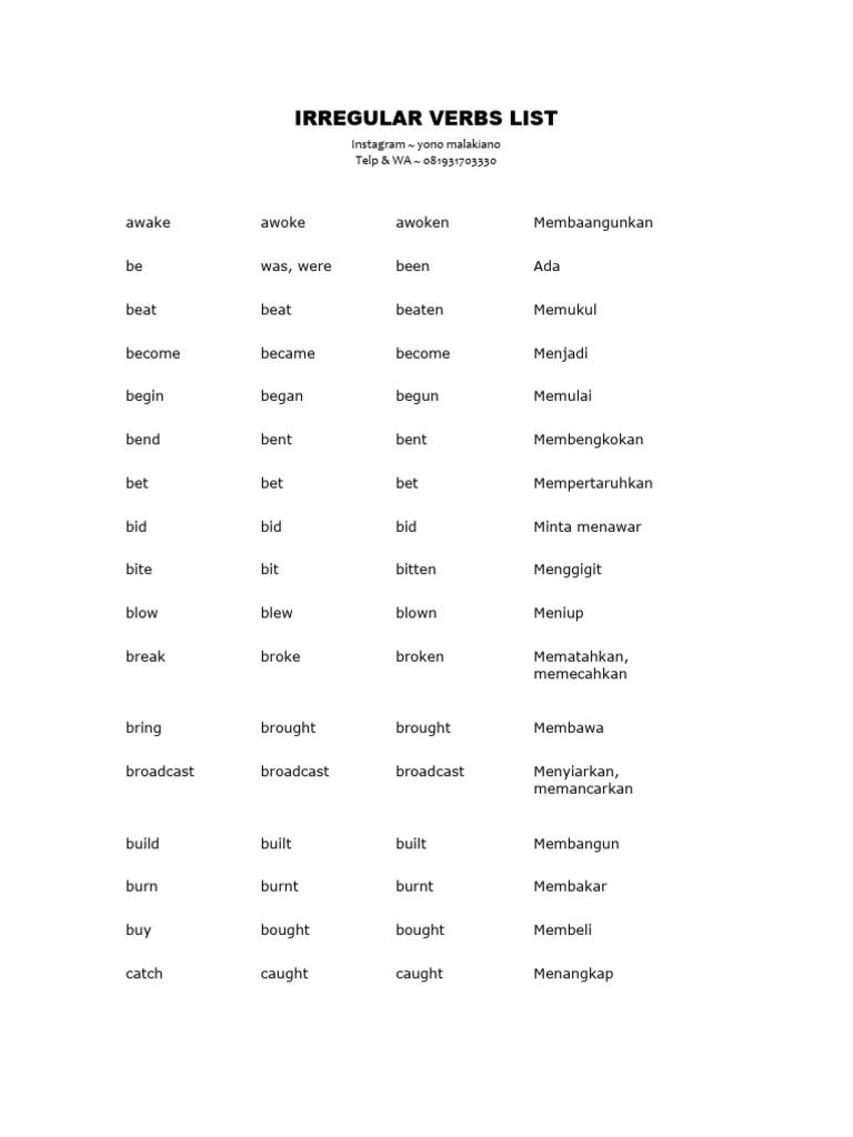 Comprehensive Irregular Verbs List | PDF