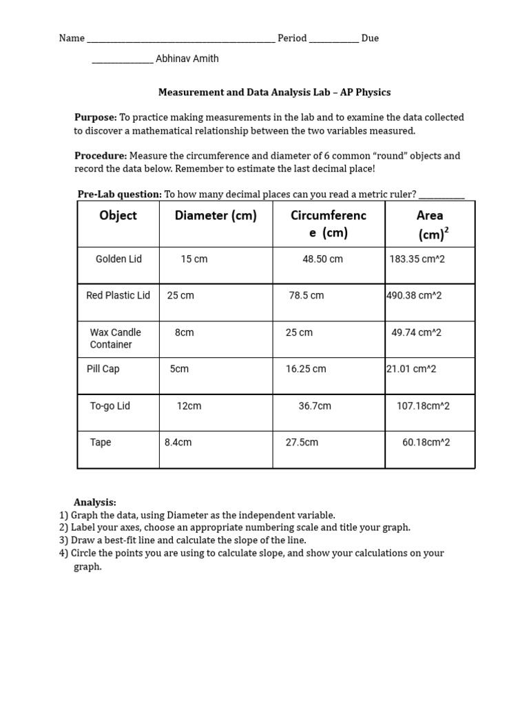 Graphing Pi Round Objects Measurement Lab (2) | PDF | Pi | Area