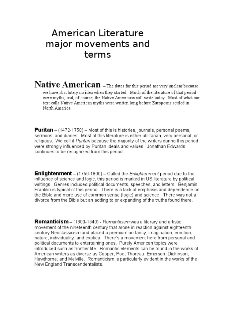 American Literature Major Movements and Terms | PDF | Transcendentalism ...