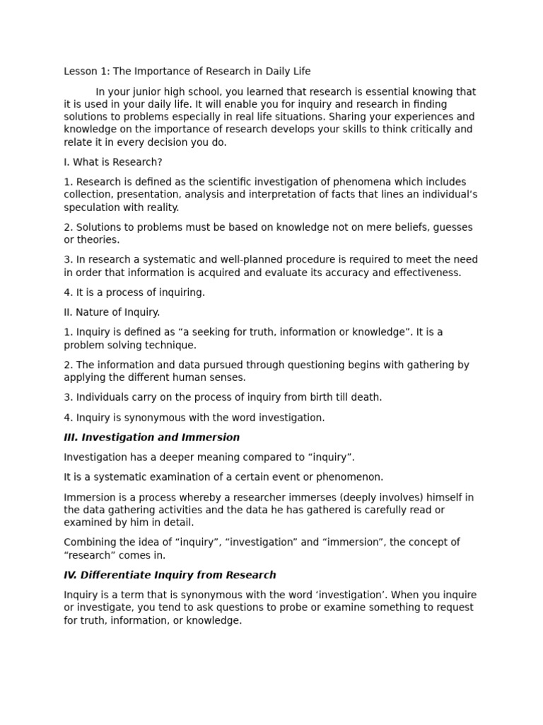 Lesson 1 The Importance of Research | PDF | Inquiry | Knowledge