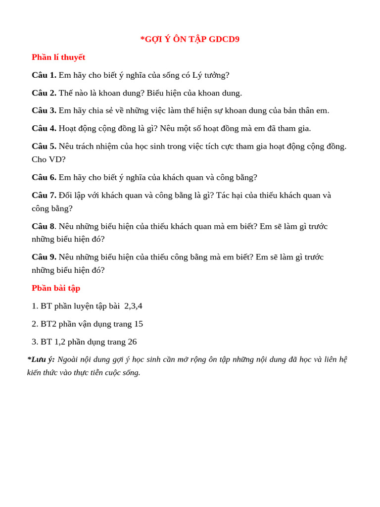 GỢI Ý ÔN TẬP GDCD 9 | PDF