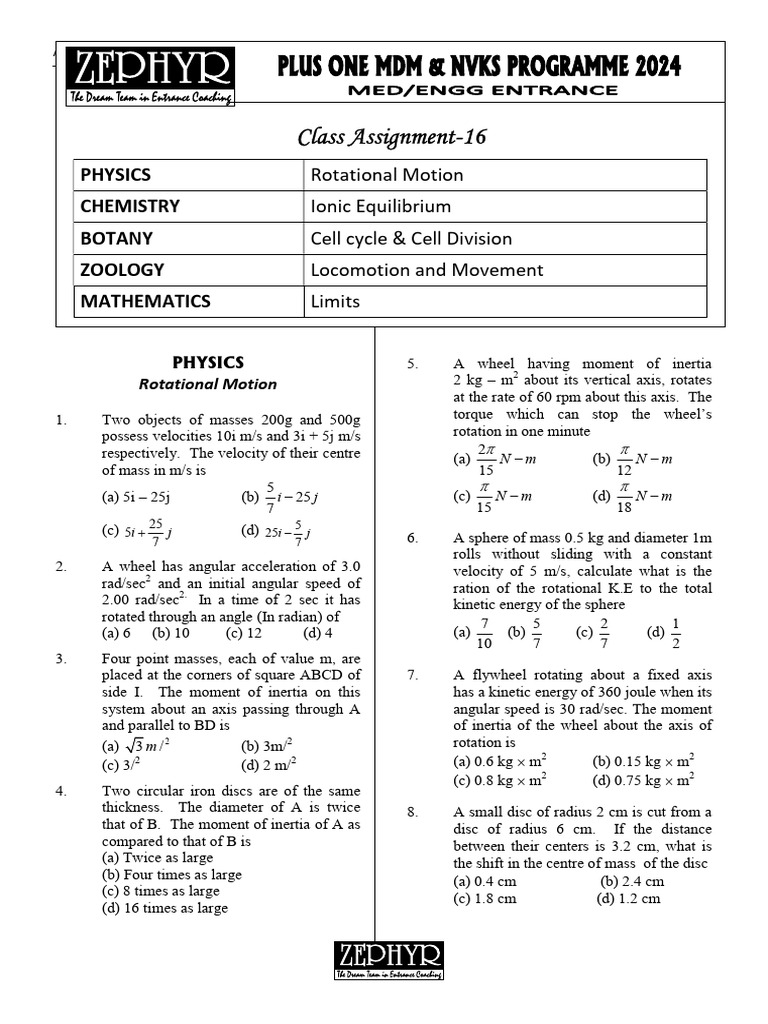 Plus One Physics Assignment 2024-25 | PDF | Mitosis | Rotation Around A Fixed Axis