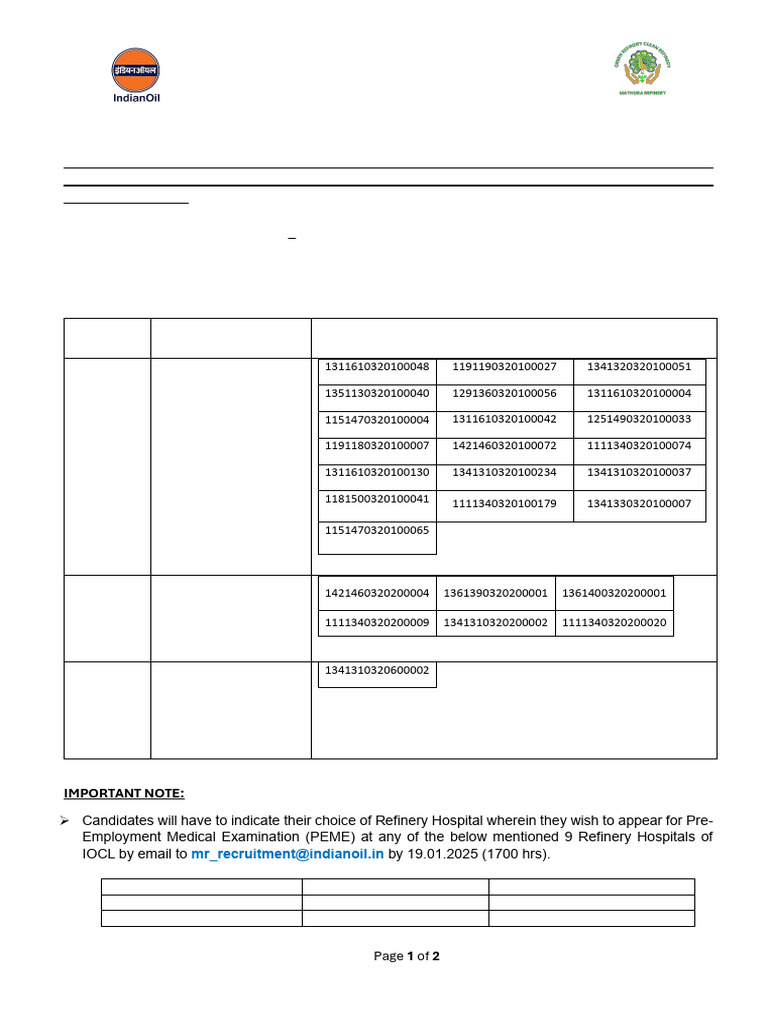 201 Junior Engineering Assistant-Iv (Production) : MR - Recruitment@indianoil - in | PDF