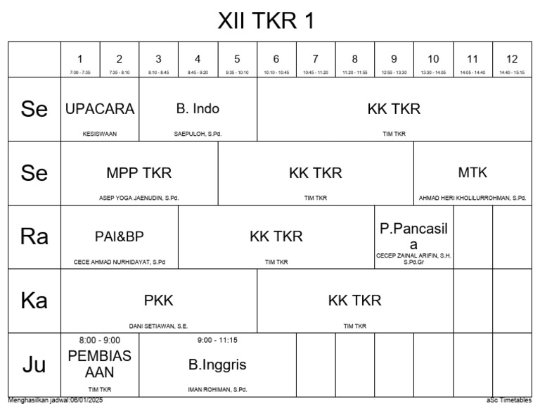 Jadwal Pelajaran XII TKR 1 2025 | PDF