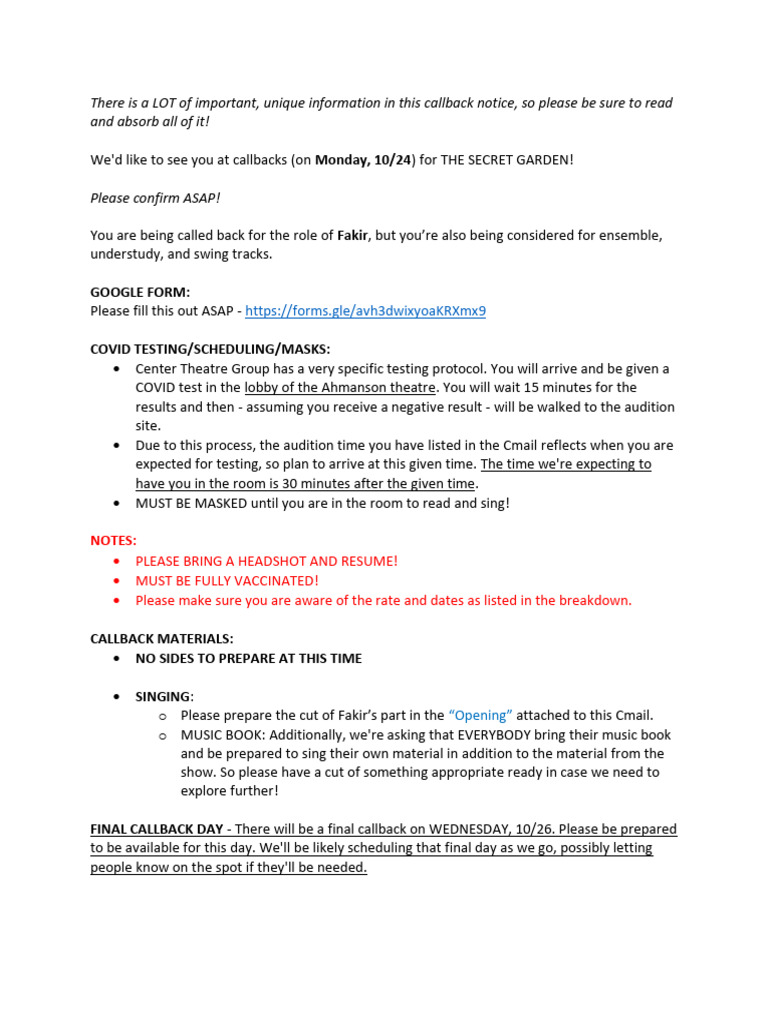 Callback Notice for The Secret Garden | PDF | Audition | Pandemic