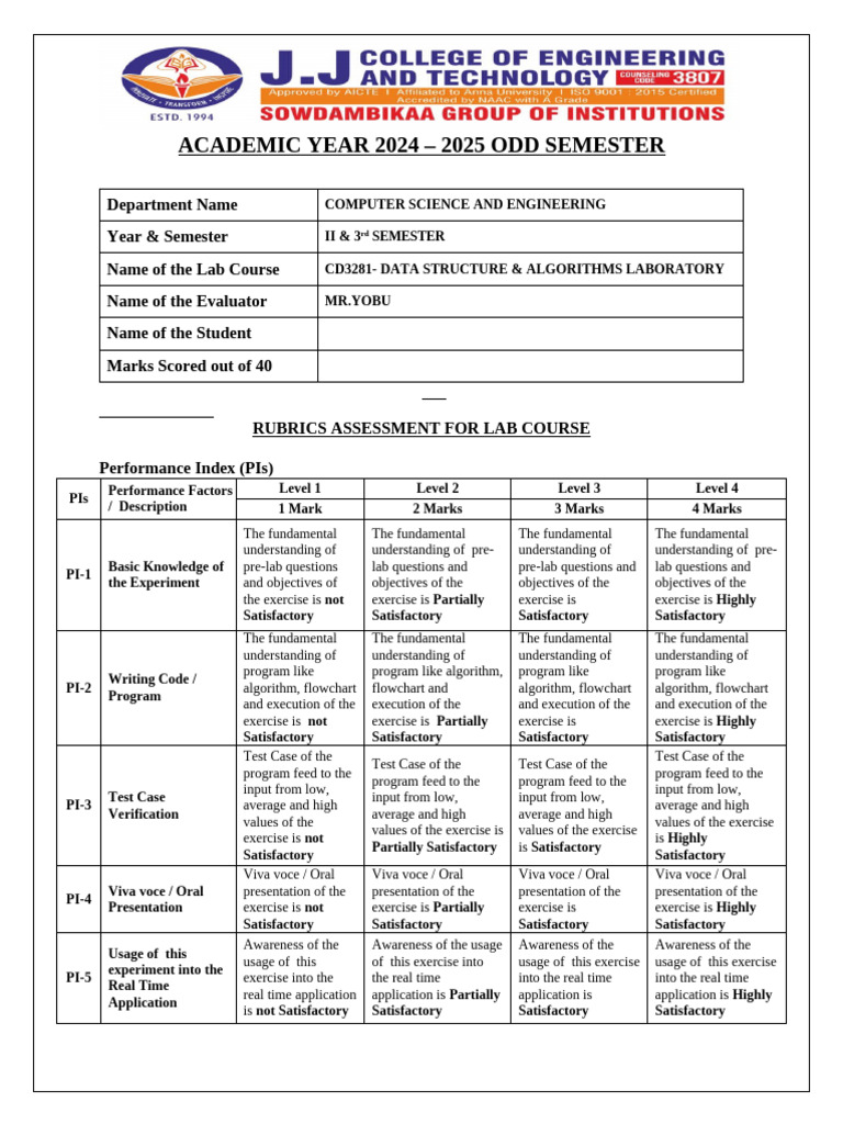 Cd3281 Dsa Rubrics Pdf Algorithms And Data Structures Algorithms 8894