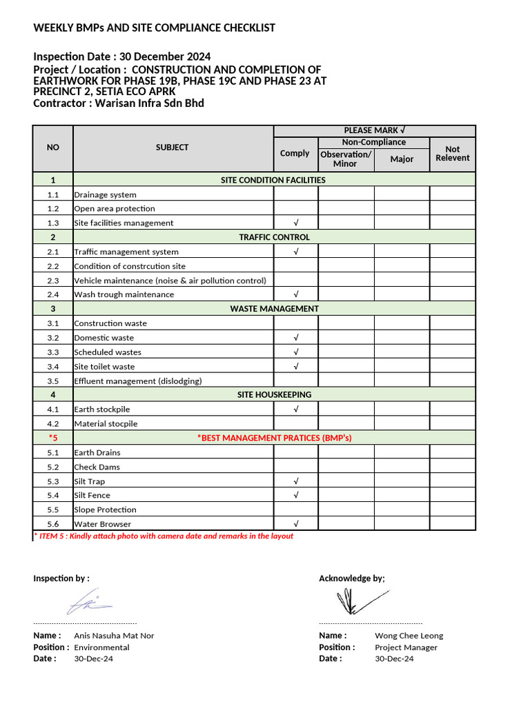 Weekly BMPs Compliance Checklist | PDF | Environmental Issues | Water ...